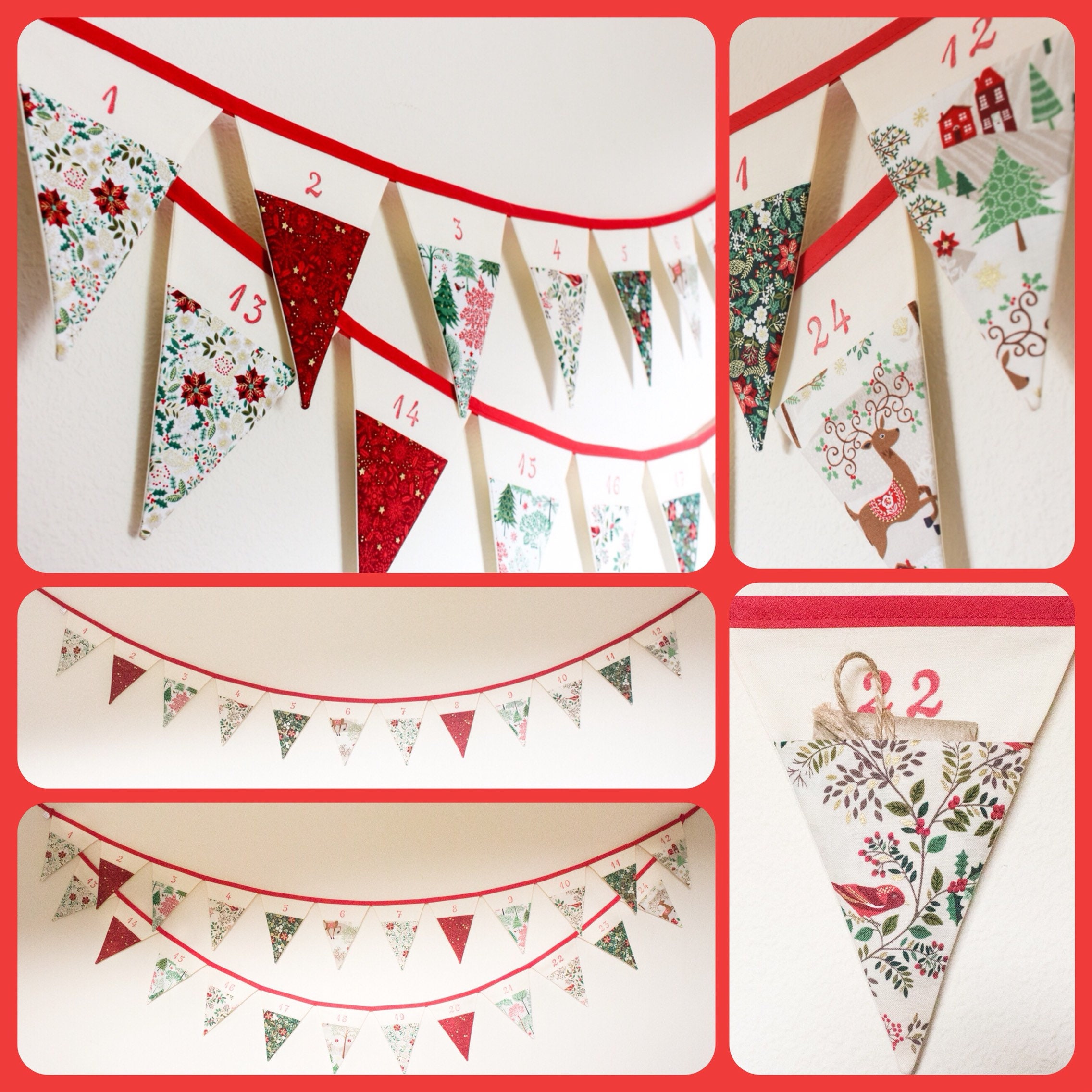 Advent Calendar Bunting, Traditional Red Green and Gold, Christmas ...