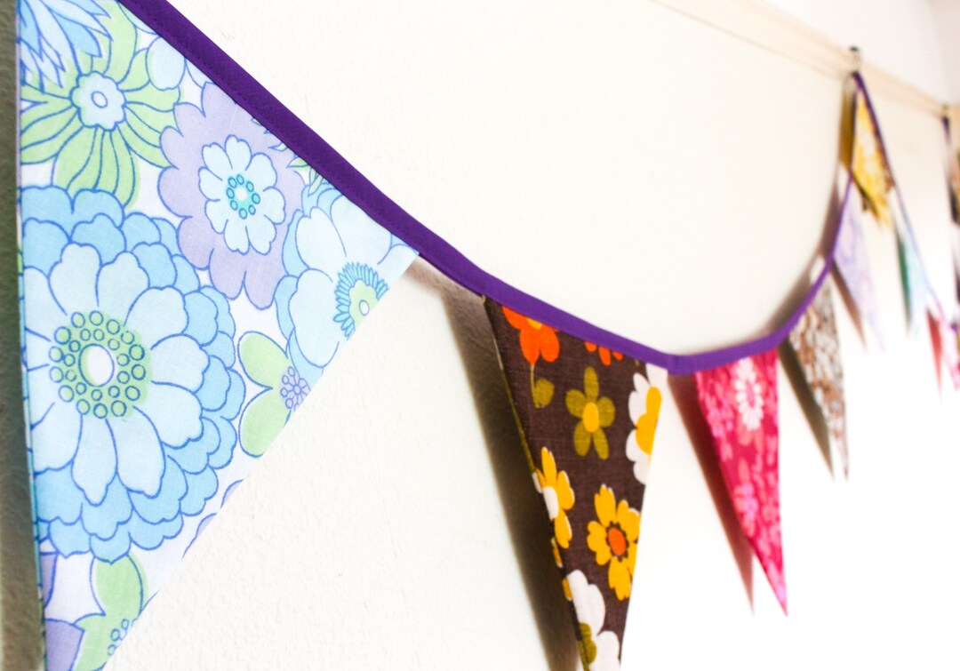 Vintage Fabric Bunting, Flower Power 1970s Gift, Mid-century Home Decor ...