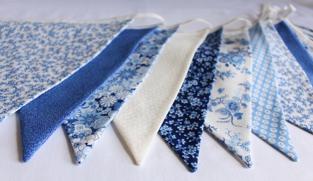 Floral Blue Bunting for Hire, White and Cream Fabric Flags, Blue ...