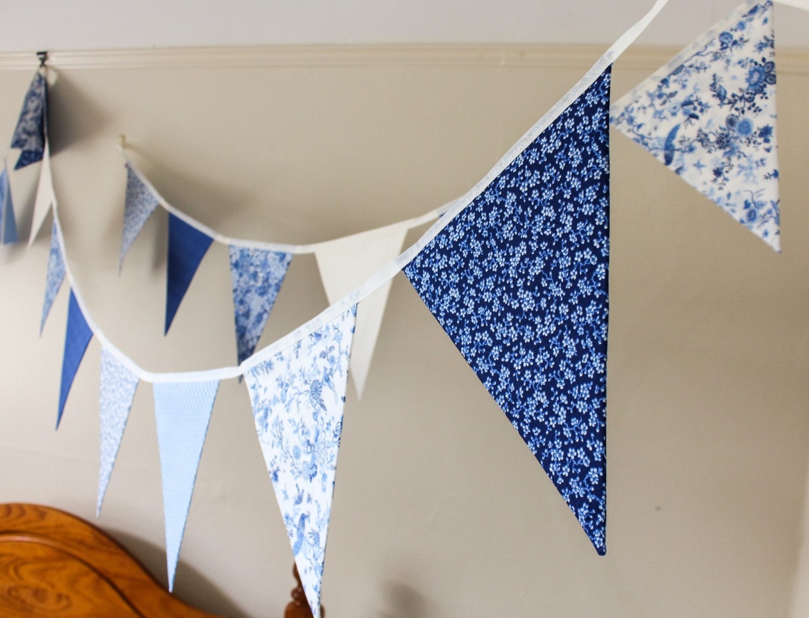 Floral Blue Bunting for Hire, White and Cream Fabric Flags, Blue ...