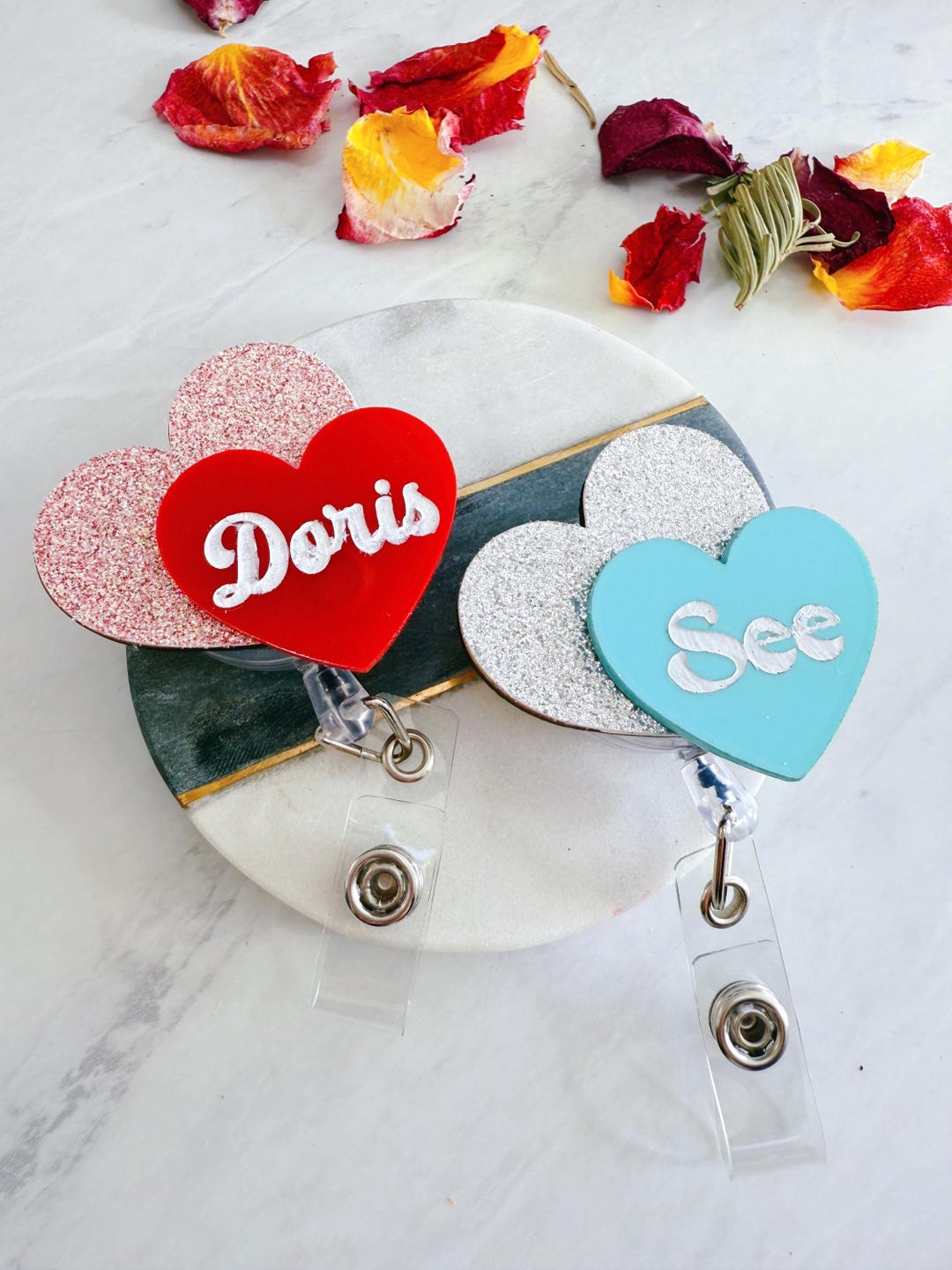 Personalized Glitter Double Hearts Badge Reel, Valentines Day ...