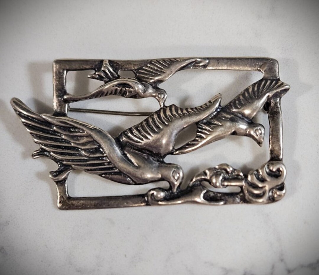 Vintage Sterling Silver BIRDS IN FLIGHT Brooch Pin Heavy 25 Grams - Etsy