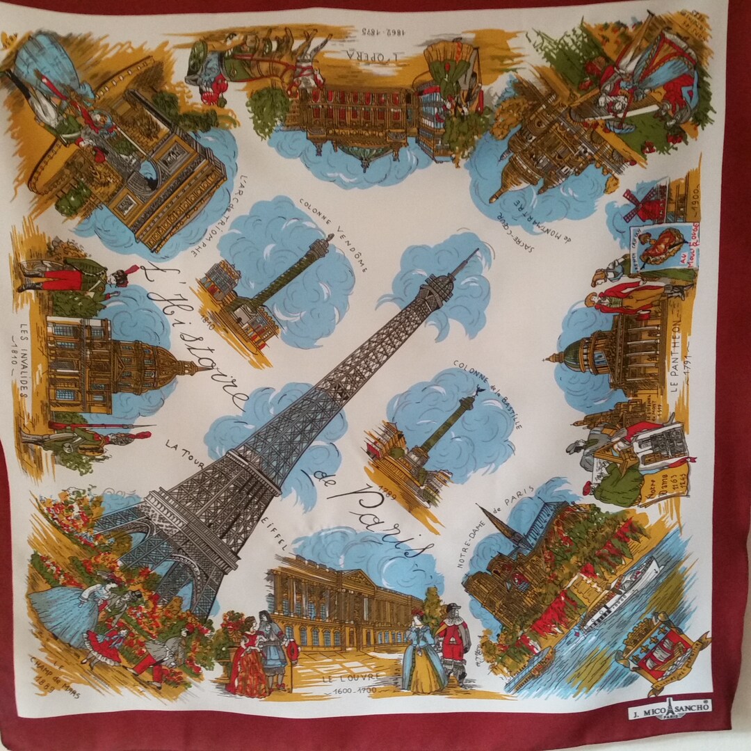 Vintage PARIS HISTORY SCARF of Fashion Eras and Famous Monuments ...
