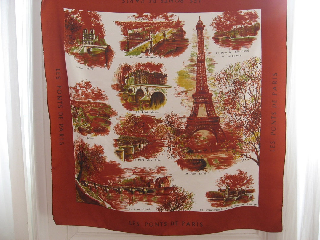 Vintage FAMOUS PARIS BRIDGES French Scarf and the Eiffel Tower in Rich ...