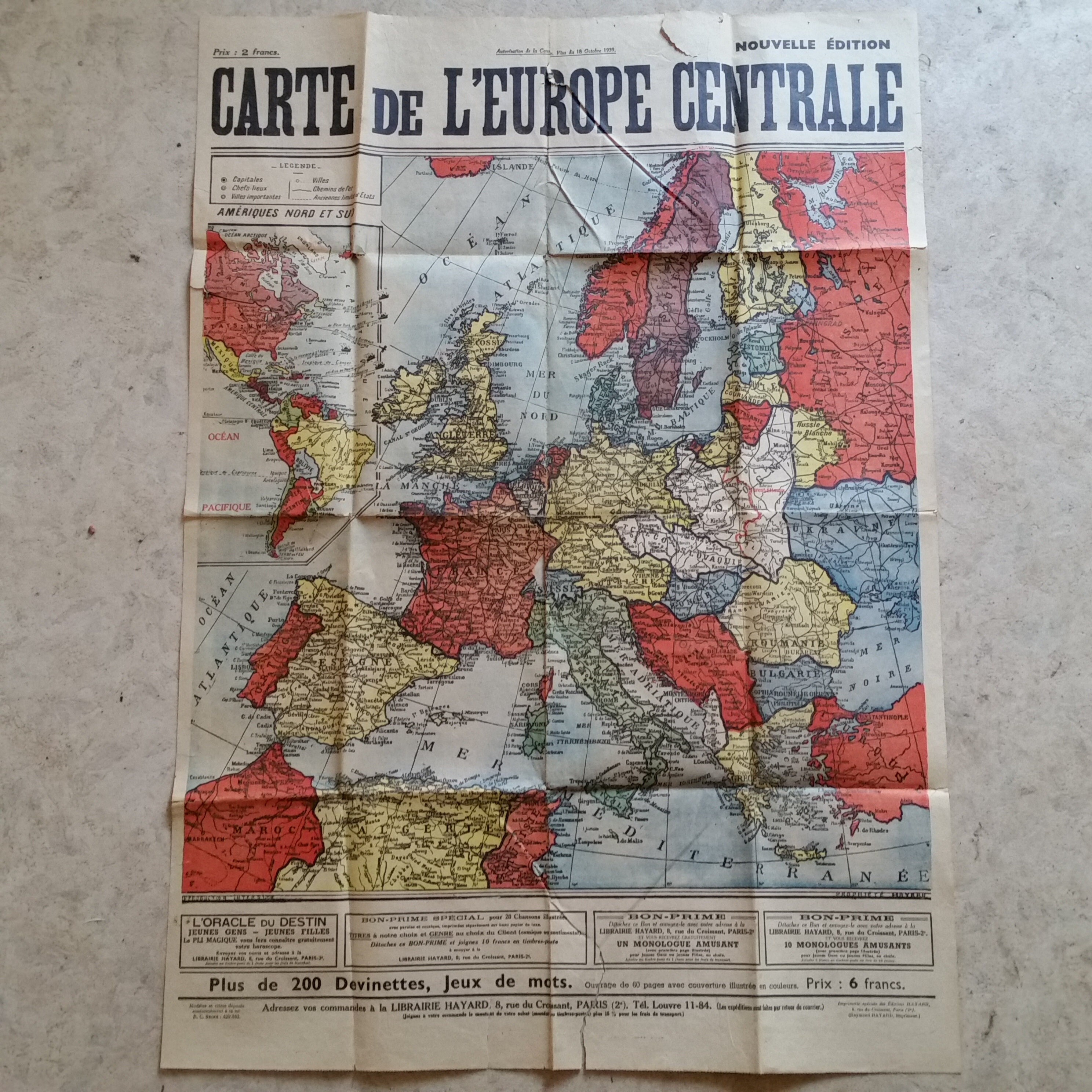 Vintage 1939 WW2 MAP of EUROPE With French Song Lyrics on the Reverse ...