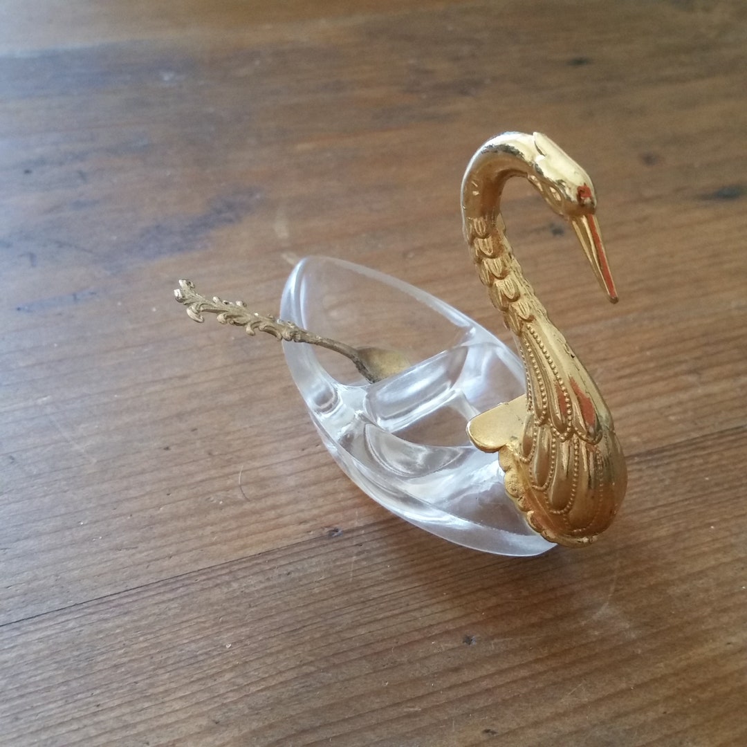 Vintage SWAN SALT PEPPER Dish From France, With Tiny Spoon. Also Use as ...