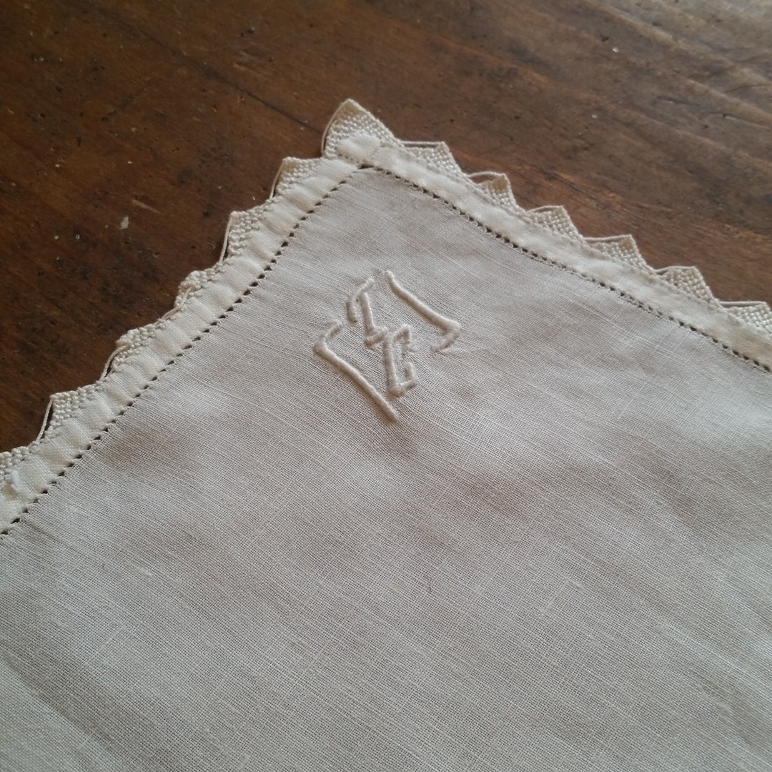 Antique FINE FRENCH LINEN Handkerchief, Embroidered Monogram T.C. With ...