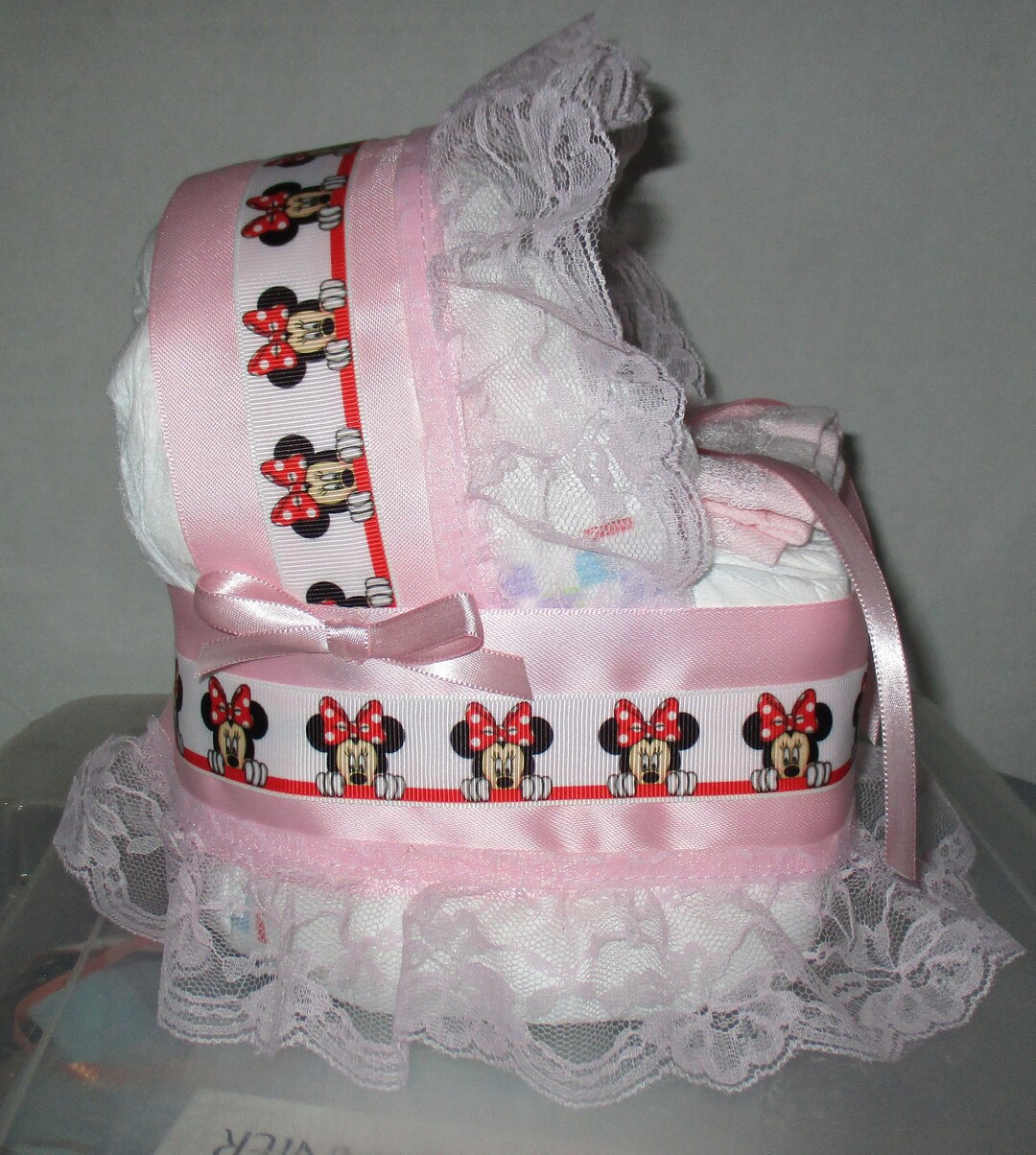 Red & Pink Minnie Mouse Mini Bassinet Diaper Cake Baby Shower Gift ...