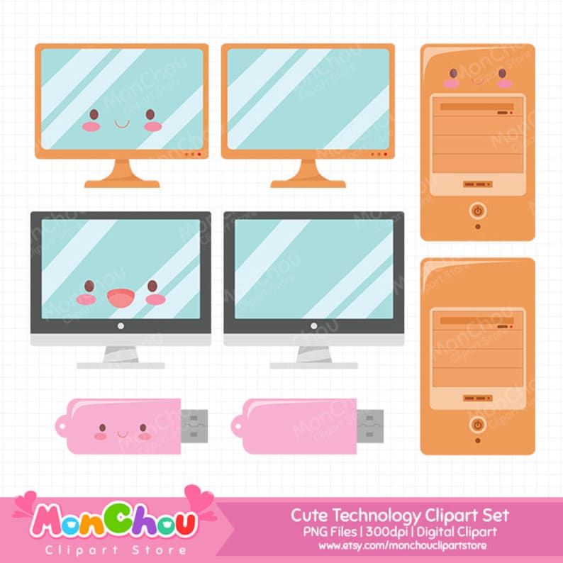 Kawaii Technology Clipart - Cute Tech Clipart Set - Instant Download ...