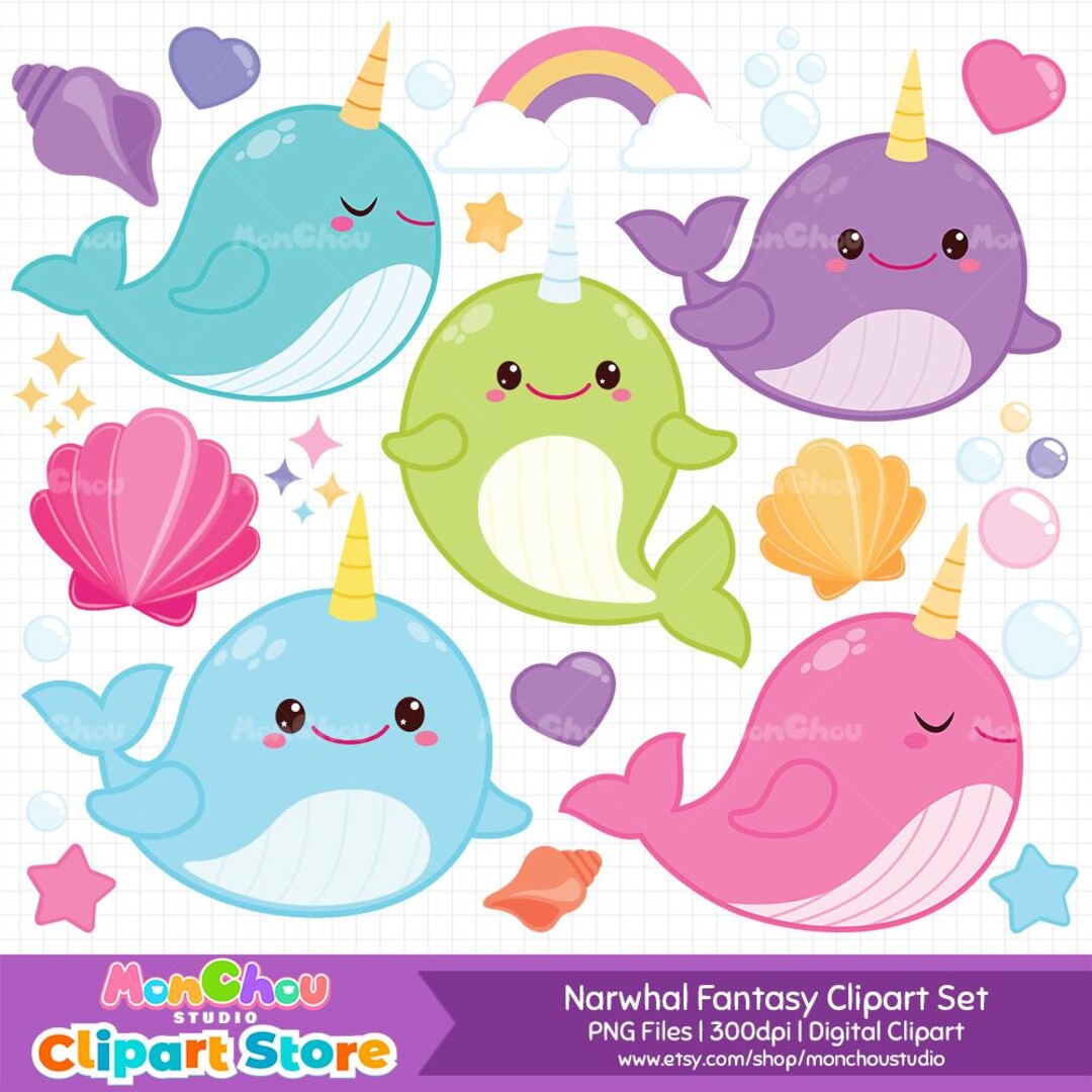 Narwhal Clipart - Narwhal Fantasy Clip Art Set - Instant Download ...