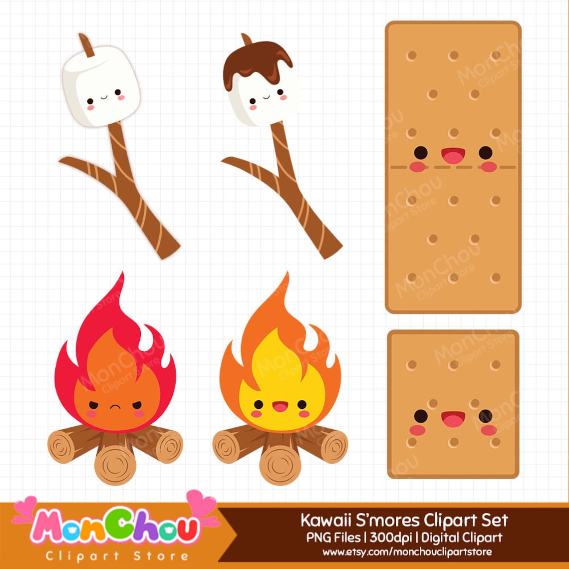 Kawaii S'mores Clipart Cute Smore Clip Art Set Instant - Etsy