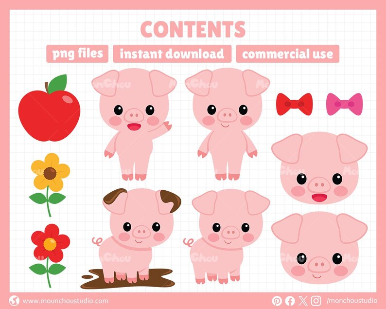 Pig Clipart Set - Cute Pig Printable Clip Art for Commercial and ...
