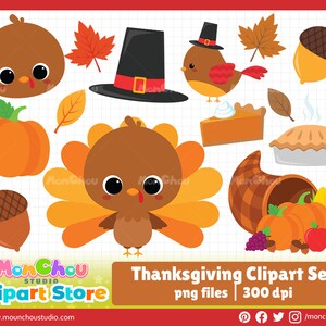 Thanksgiving Clipart Set Cute Turkey, Cornucopia, Pie, and Pumpkin ...