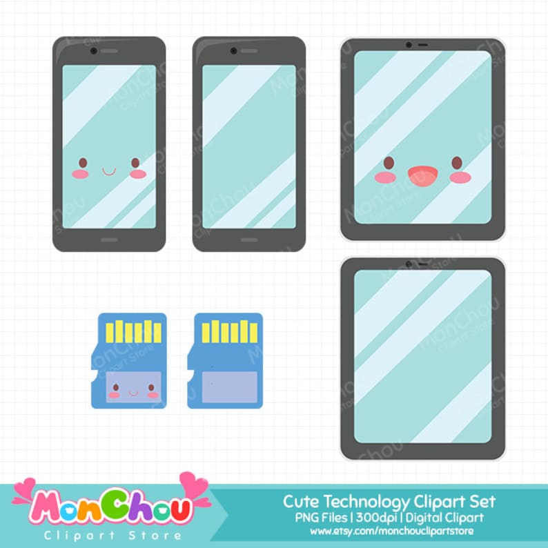 Kawaii Technology Clipart - Cute Tech Clipart Set - Instant Download ...