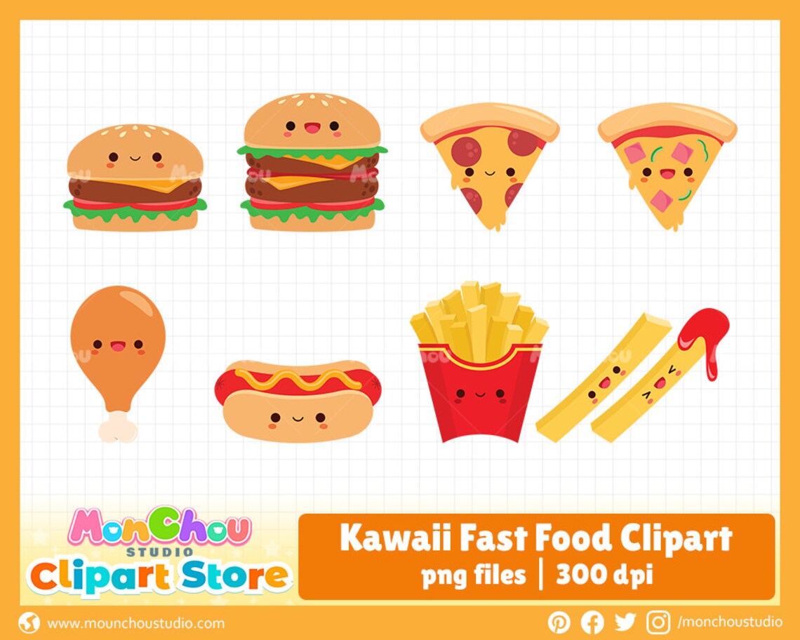 SALE 50% OFF Fast Food Clipart Set Kawaii Fast Food Printable Clip Art ...