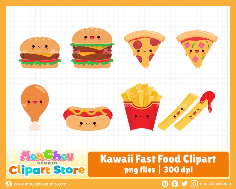 SALE 50% OFF Fast Food Clipart Set Kawaii Fast Food Printable Clip Art ...