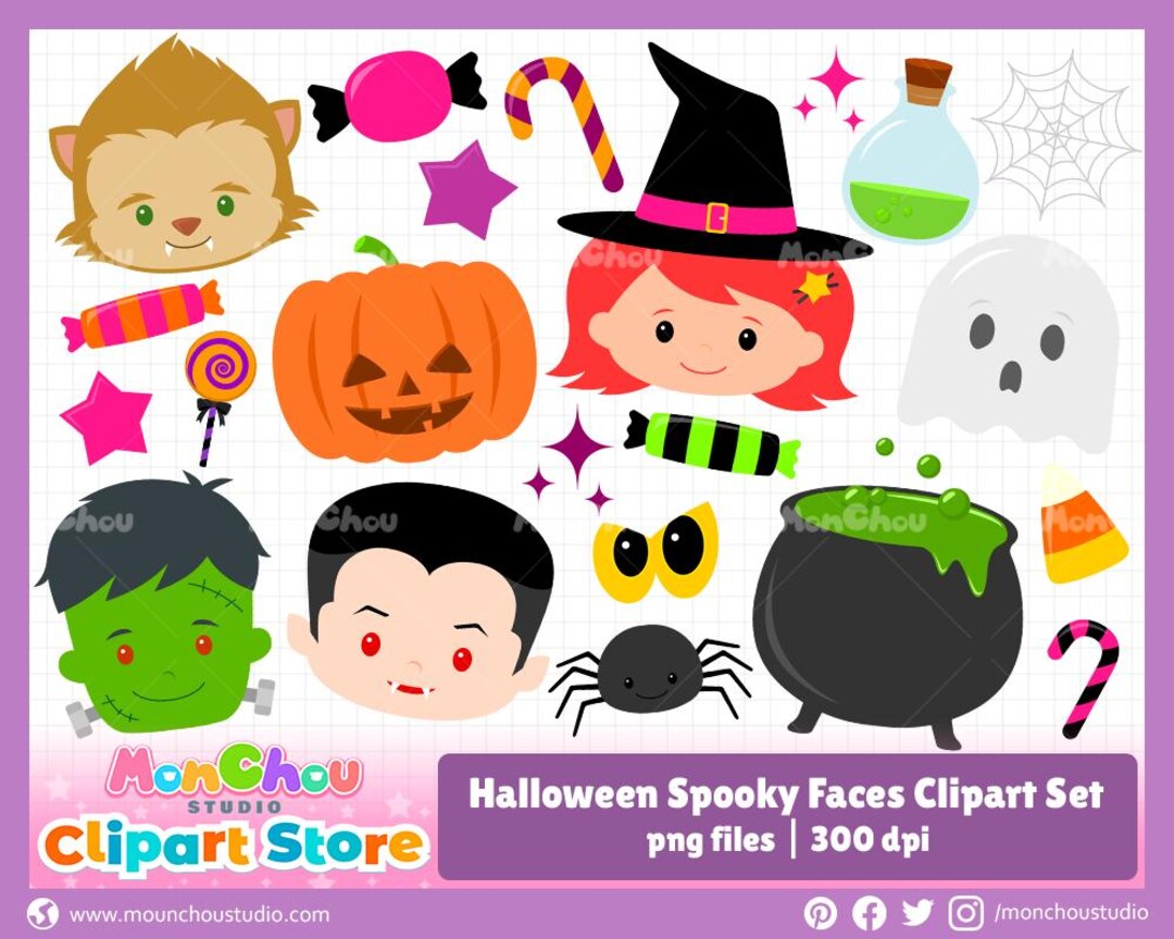 Halloween Faces Clipart Set Spooky Halloween Character Faces Printable ...