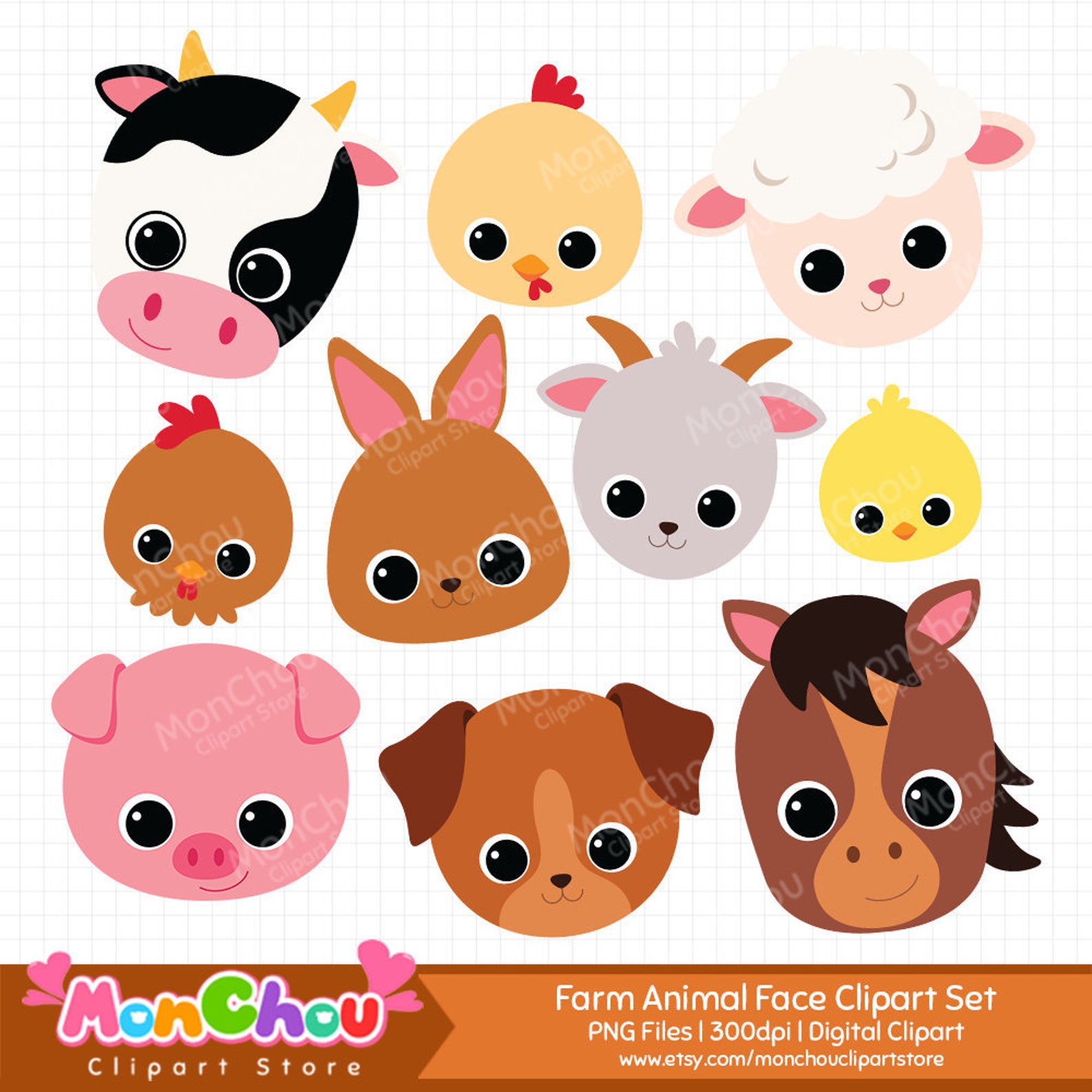 Farm Animal Face Clipart - Cute Farm and Barn Animal Face Graphics ...