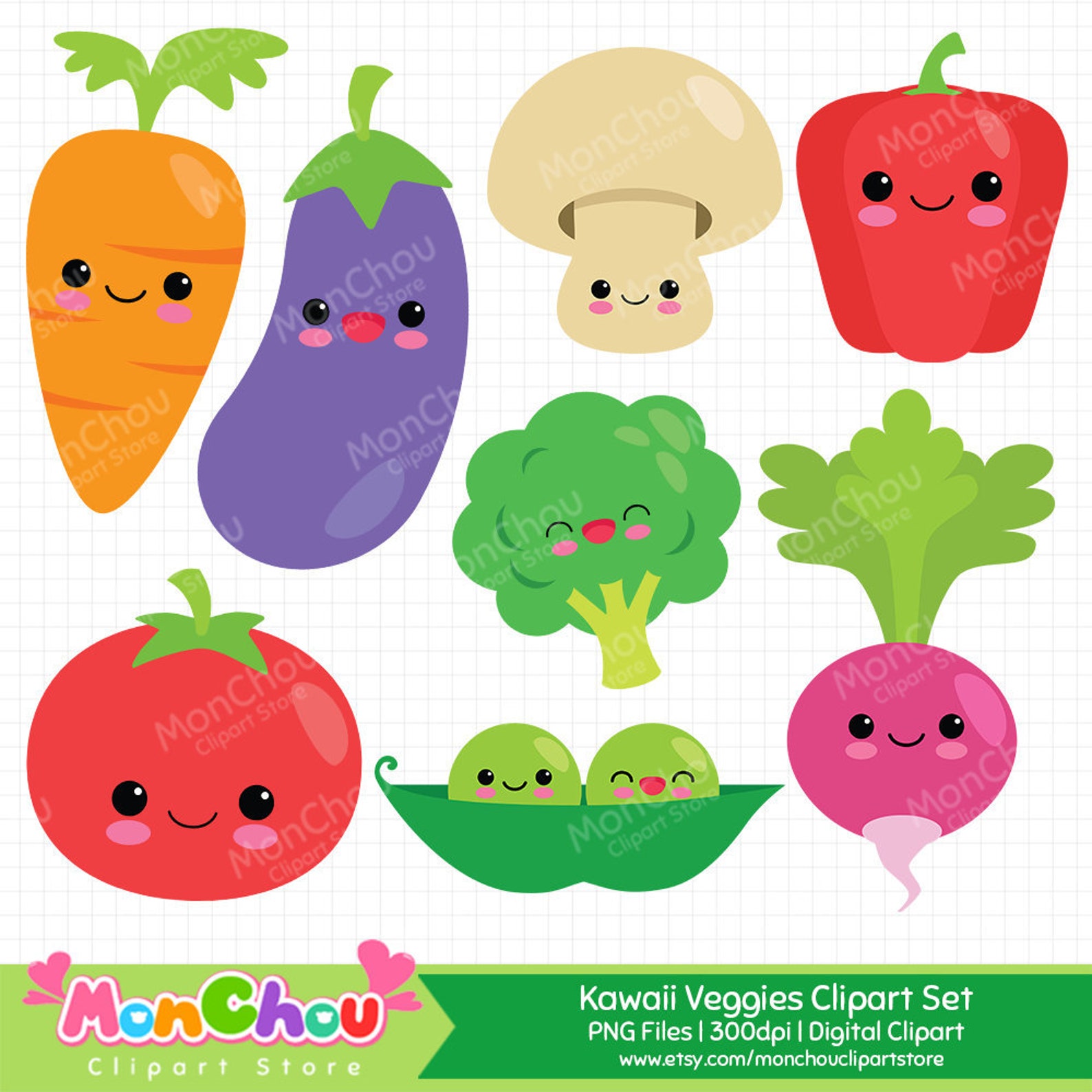 Cute Vegetables Clipart Kawaii Veggies Clipart Set Instant Download ...