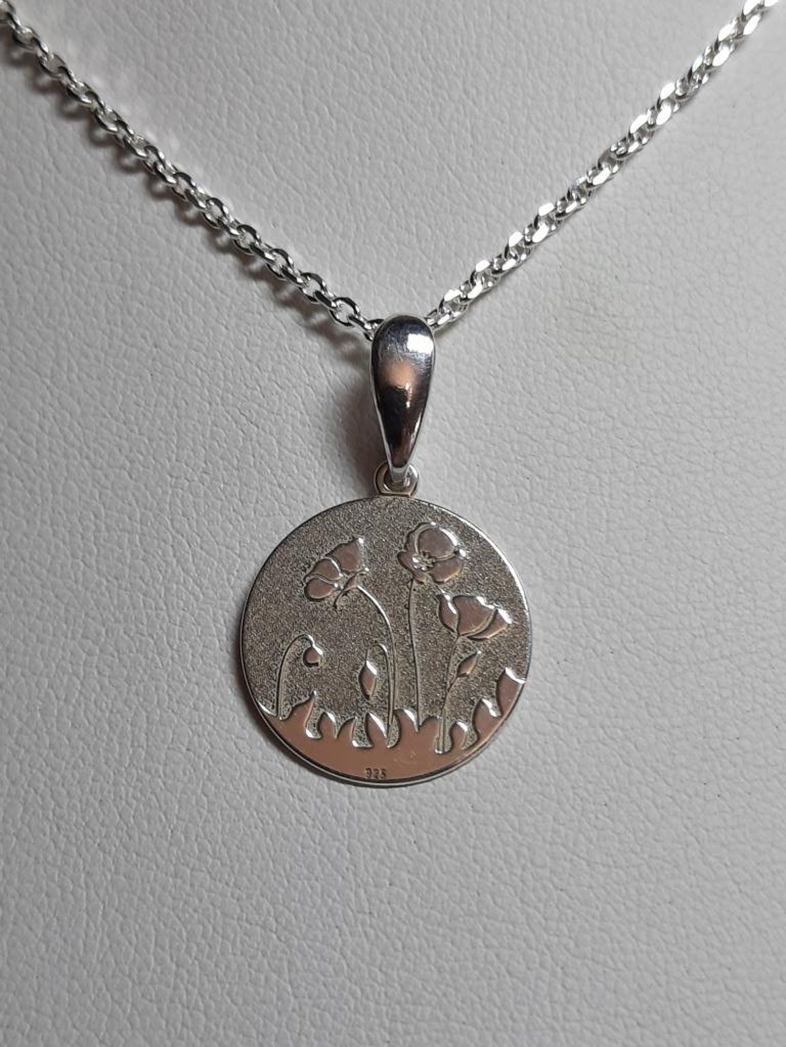 Round Etched Tulip or Poppy Disc Pendant in SOLID Sterling Silver in ...