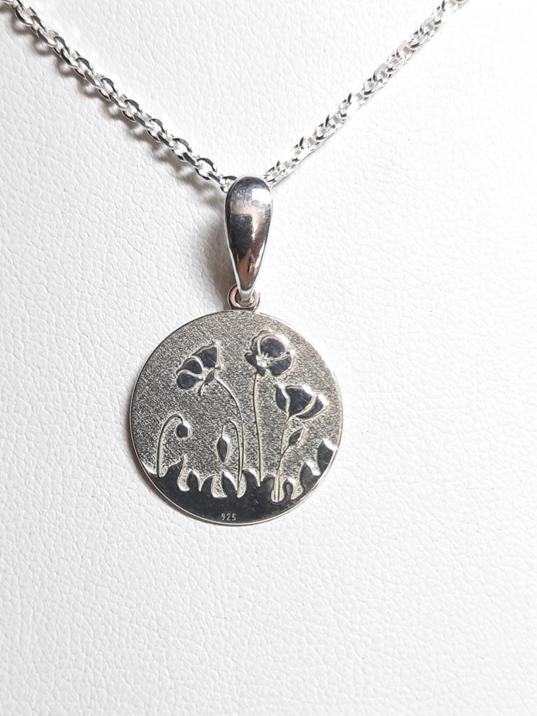 Round Etched Tulip or Poppy Disc Pendant in SOLID Sterling Silver in ...