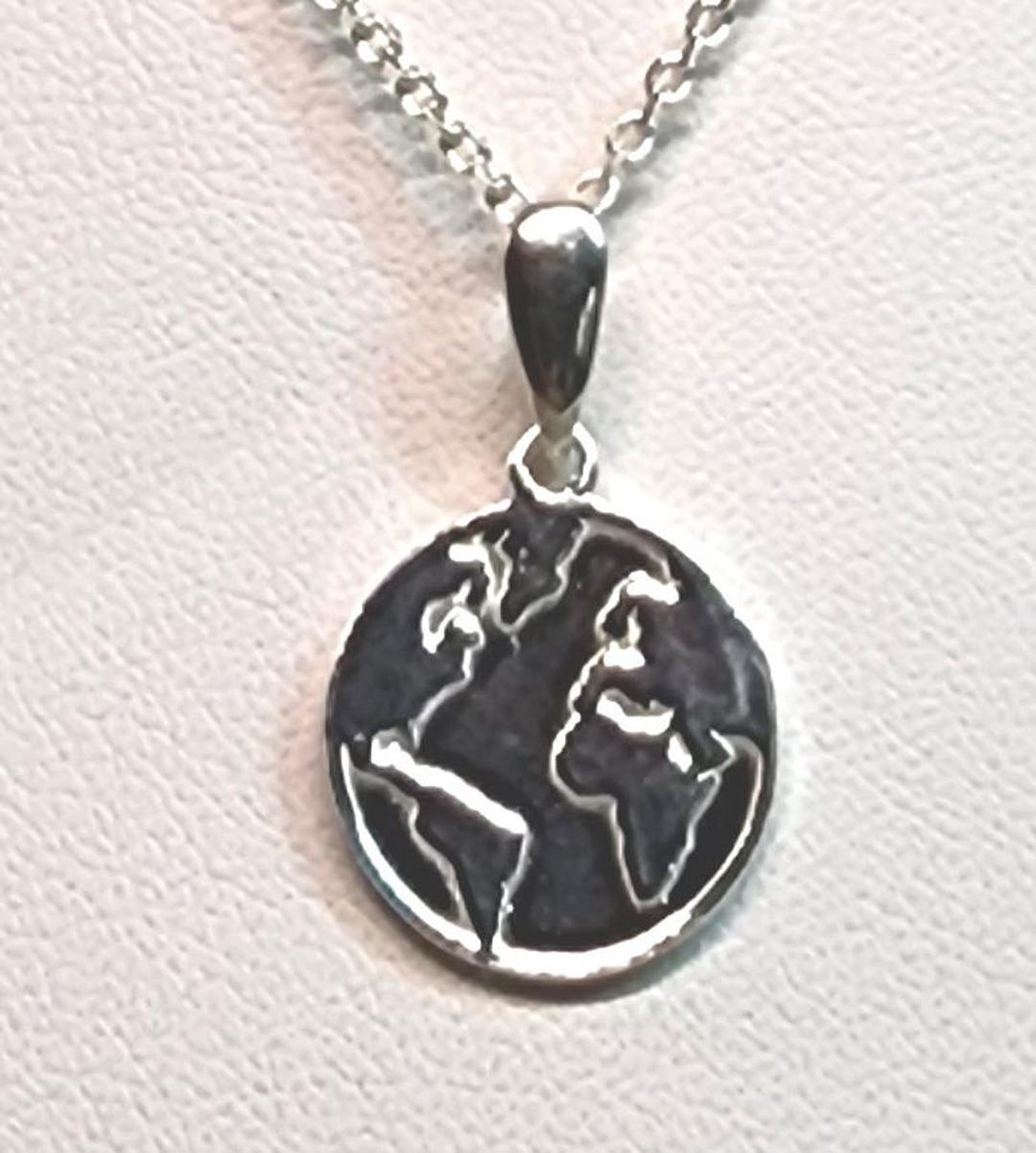 Round Etched & Carved World Map Disc Pendant in SOLID Sterling Silver ...