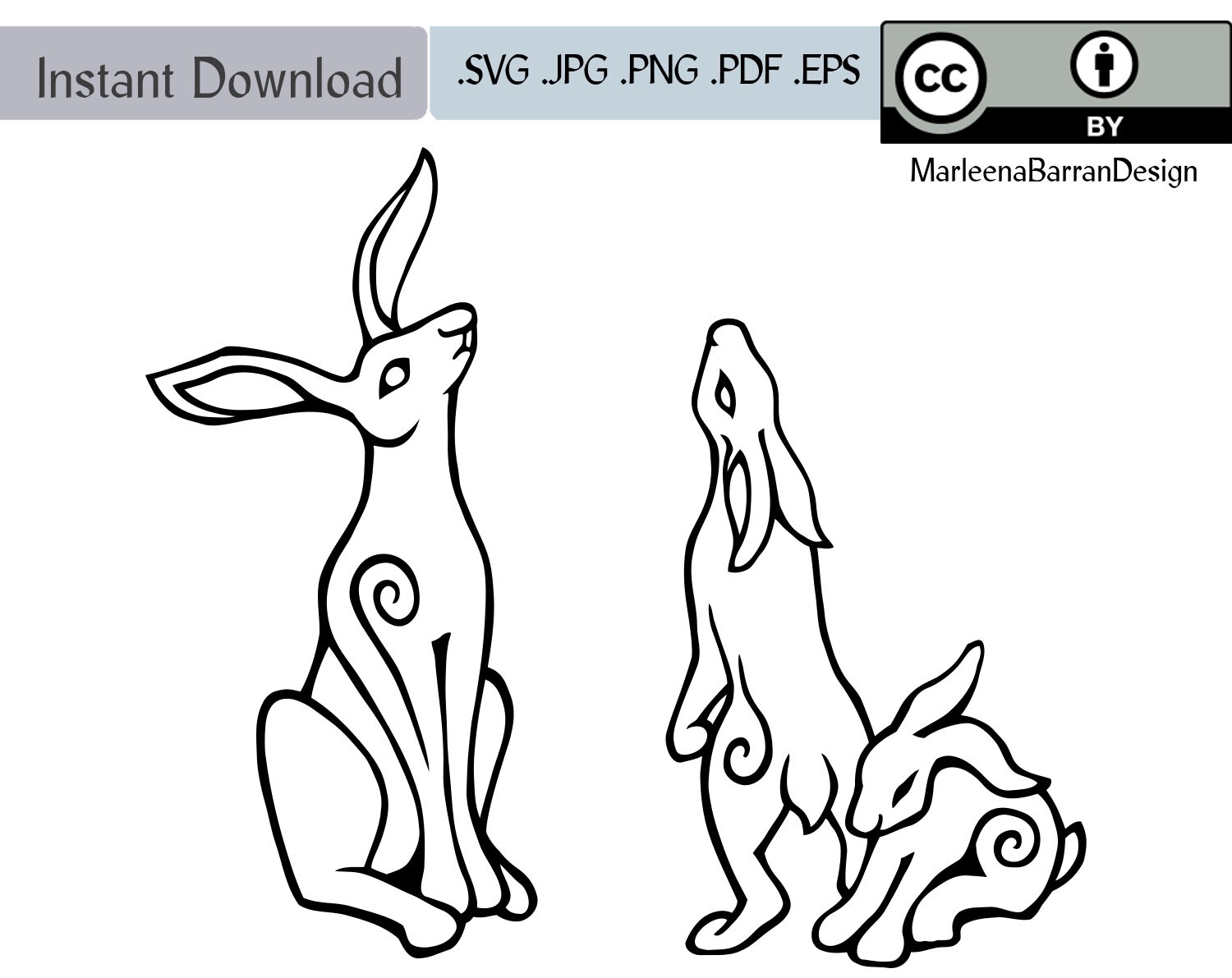 Moon Gazing Hare Family, Instant Download Clipart, Tattoo Design ...