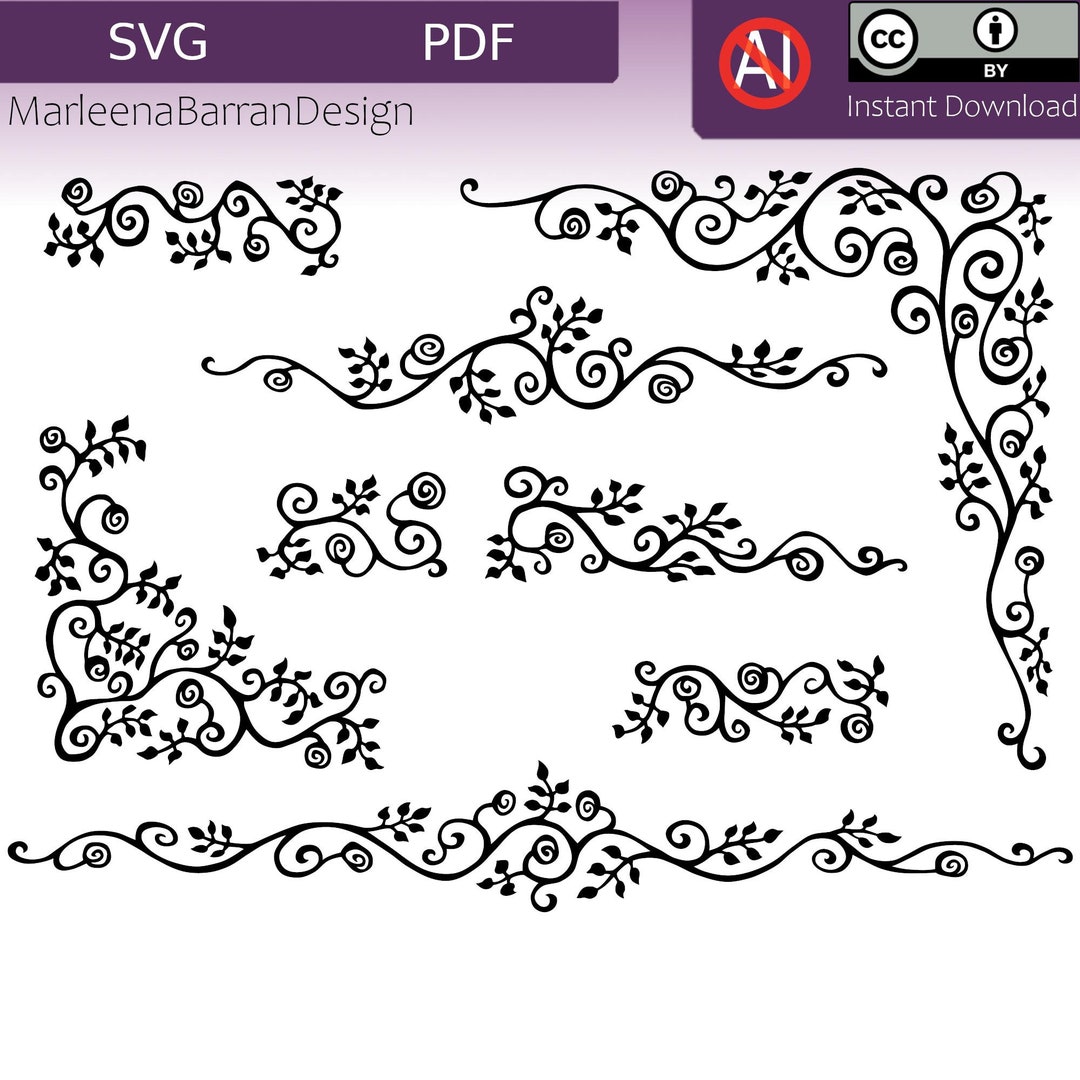 Rose Vine Border, Black Line Art Frame Bundle, SVG Vector Files and PDF ...