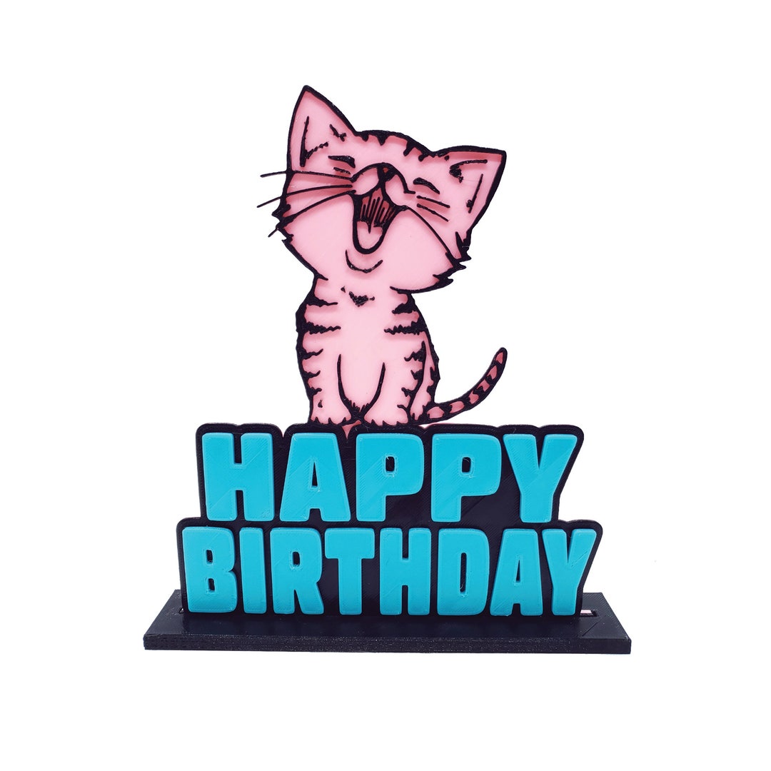 Happy Birthday Kitty Cat Cake Topper on Base for Cat Themed Birthday ...