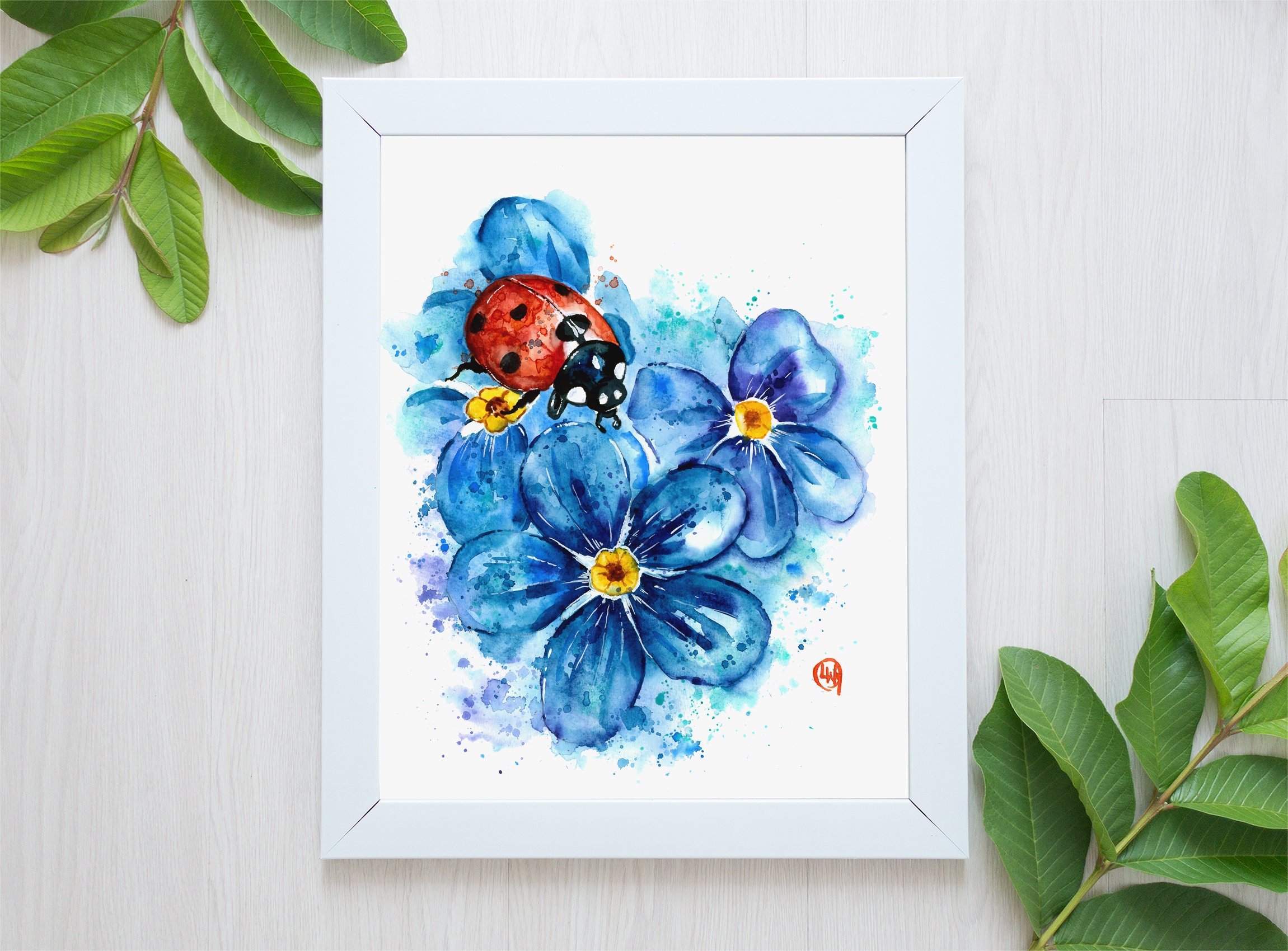 Ladybird Ladybug Painting Forget Me Not Lady Bug Art | Etsy