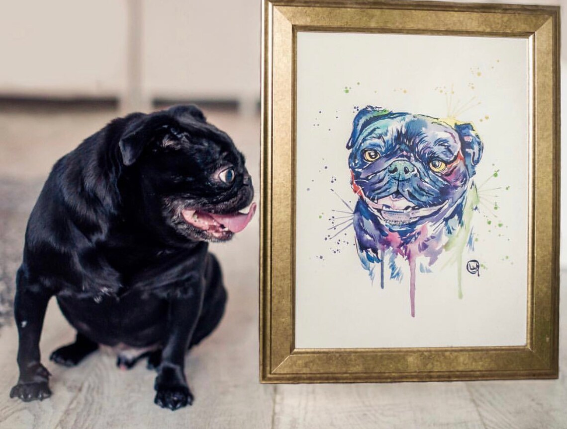 Pug Print Black Pug Dog Art Pug Watercolour Loose - Etsy