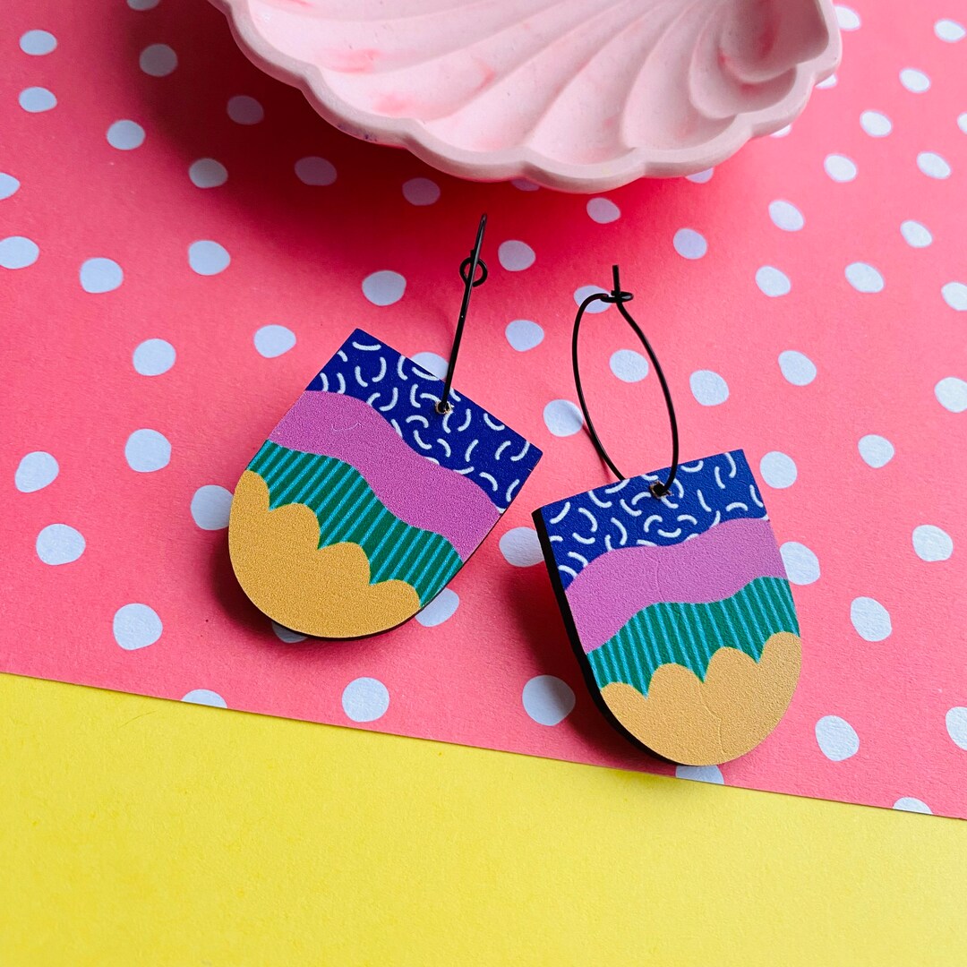 Patterned Colourful Printed Wood Arch Earrings - Etsy
