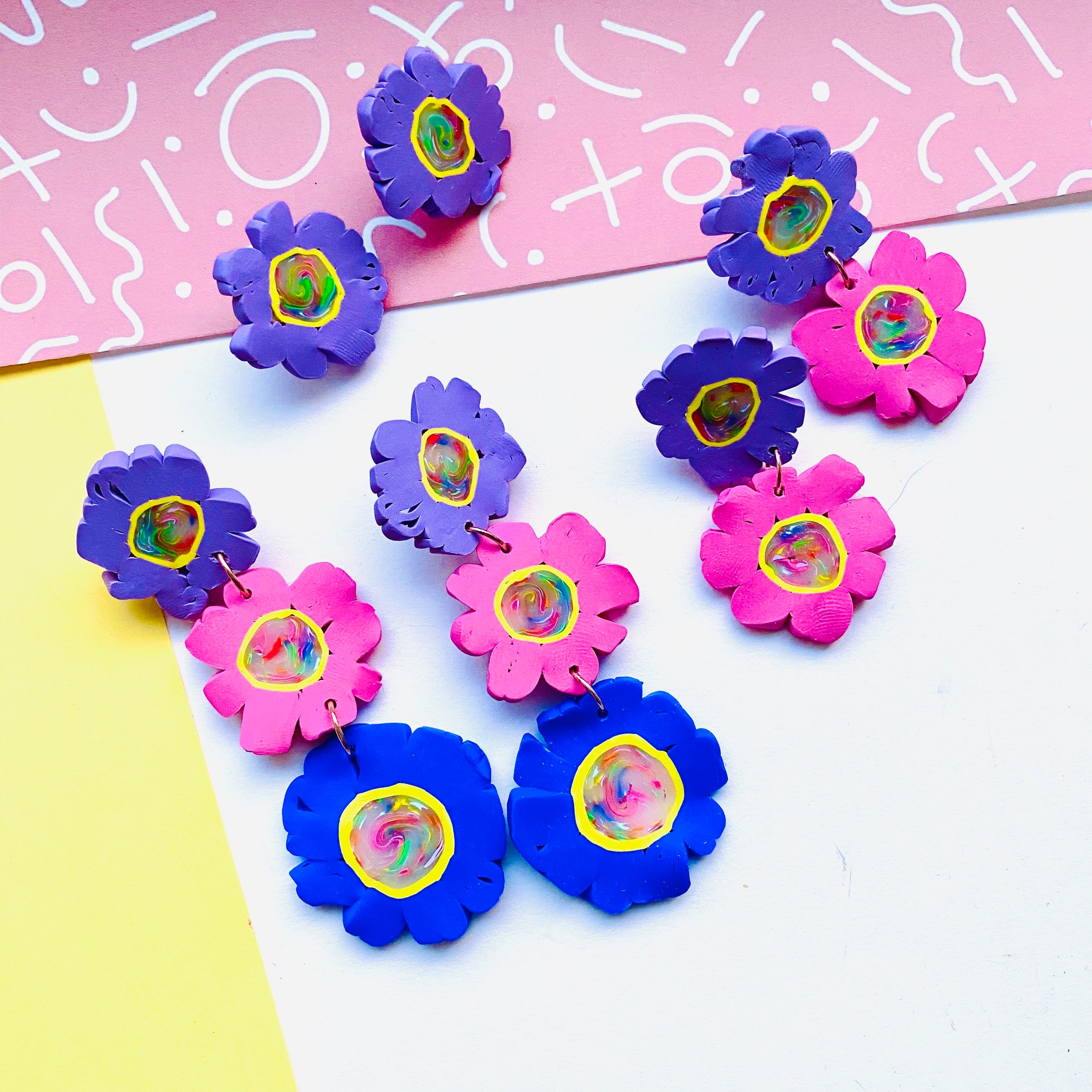 Colourful Bold Statement Pattern Flower Earrings | Etsy UK