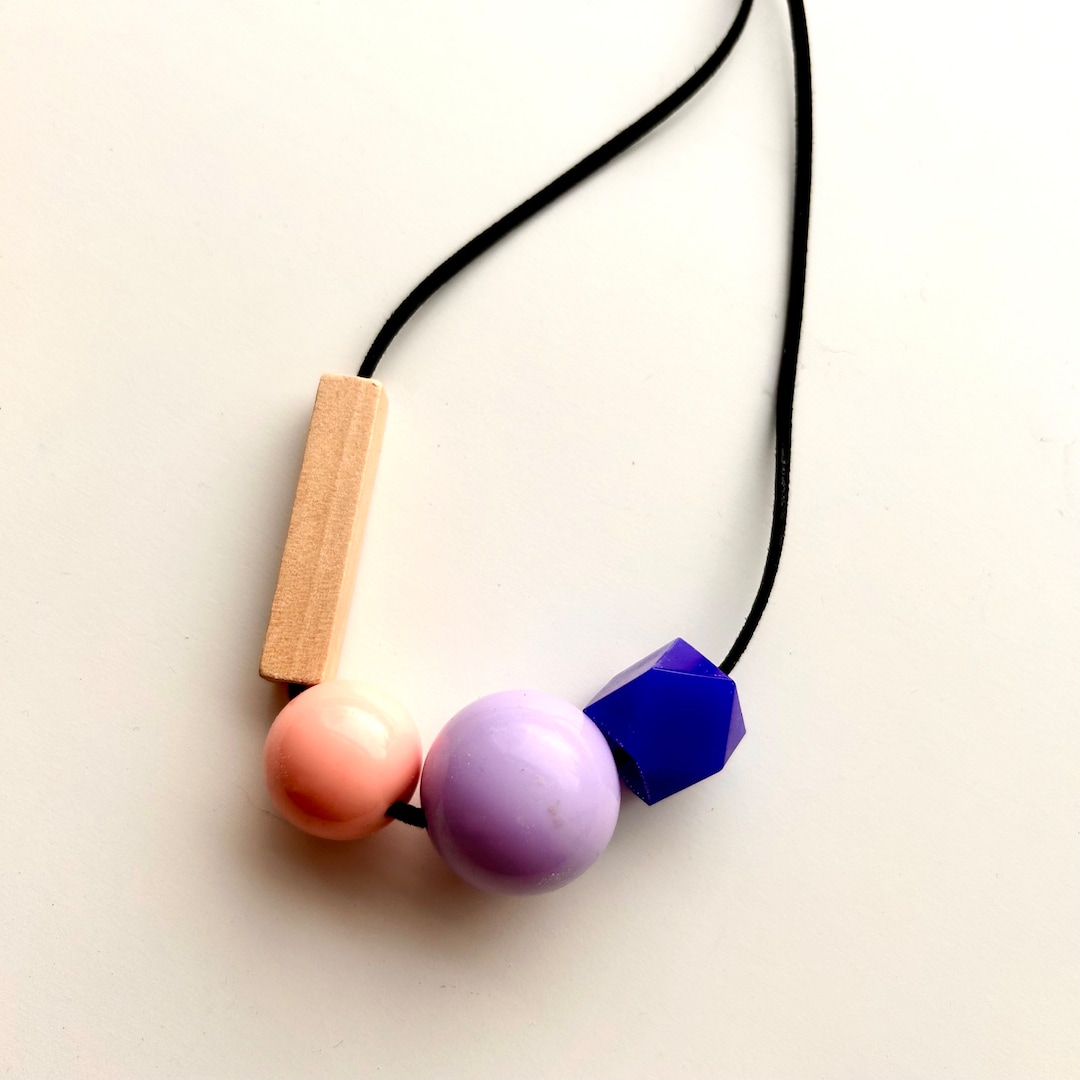 Geometric Chunky Beaded, Minimal Style Wooden Statement Necklace One of ...