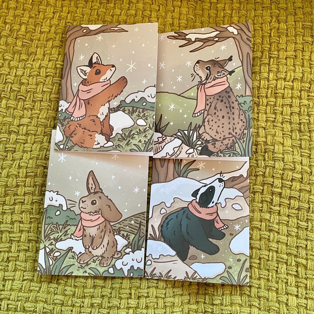 Christmas Winter Animal Greetings Cards Fox, Rabbit, Badger and Lynx - Etsy