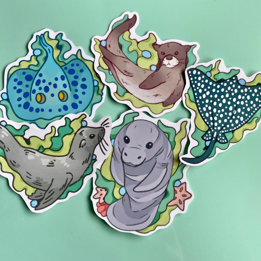 Sea Creature Die-cut Sticker and Art Print Collection Sea Lion, Manatee ...