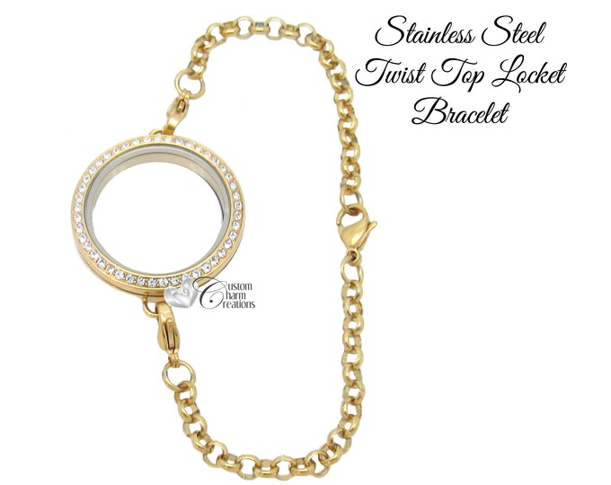 Floating Locket Bracelet • Stainless Steel • Gold Tone • Twist Top ...
