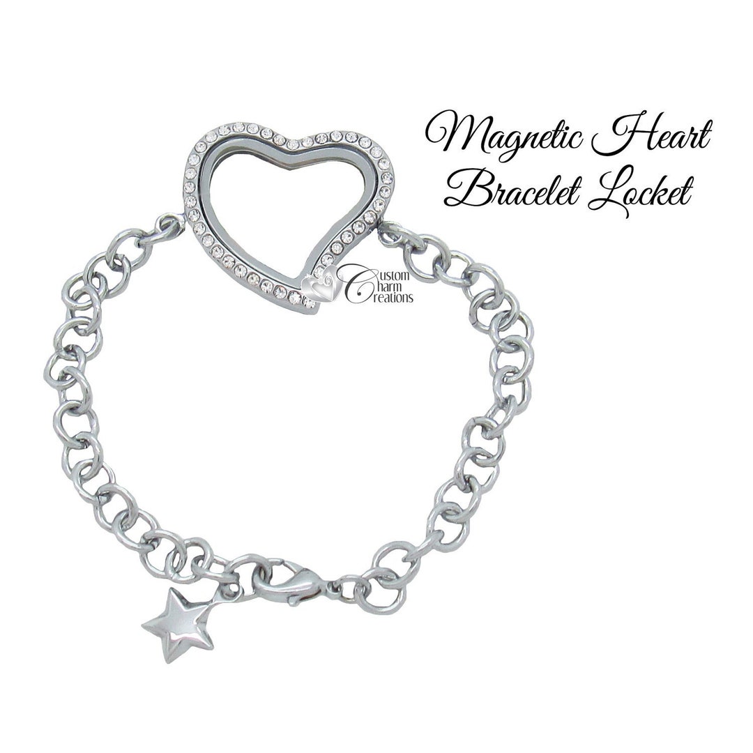 Floating Locket Bracelet Heart Crystal Rhinestones Magnetic Holds ...