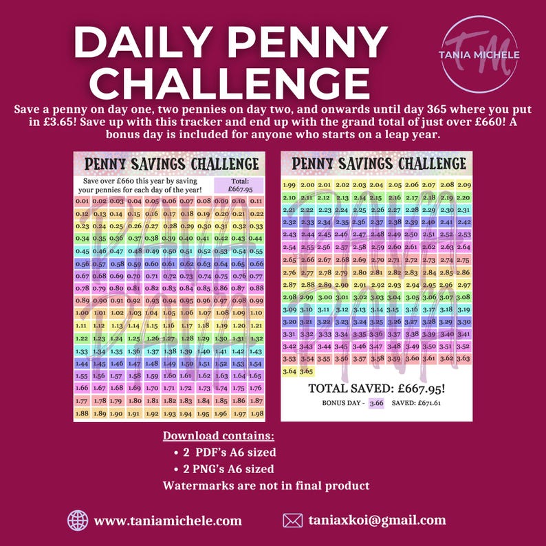 Daily Penny Savings Challenge A6 Printable | 1 Year | PDF - PNG ...