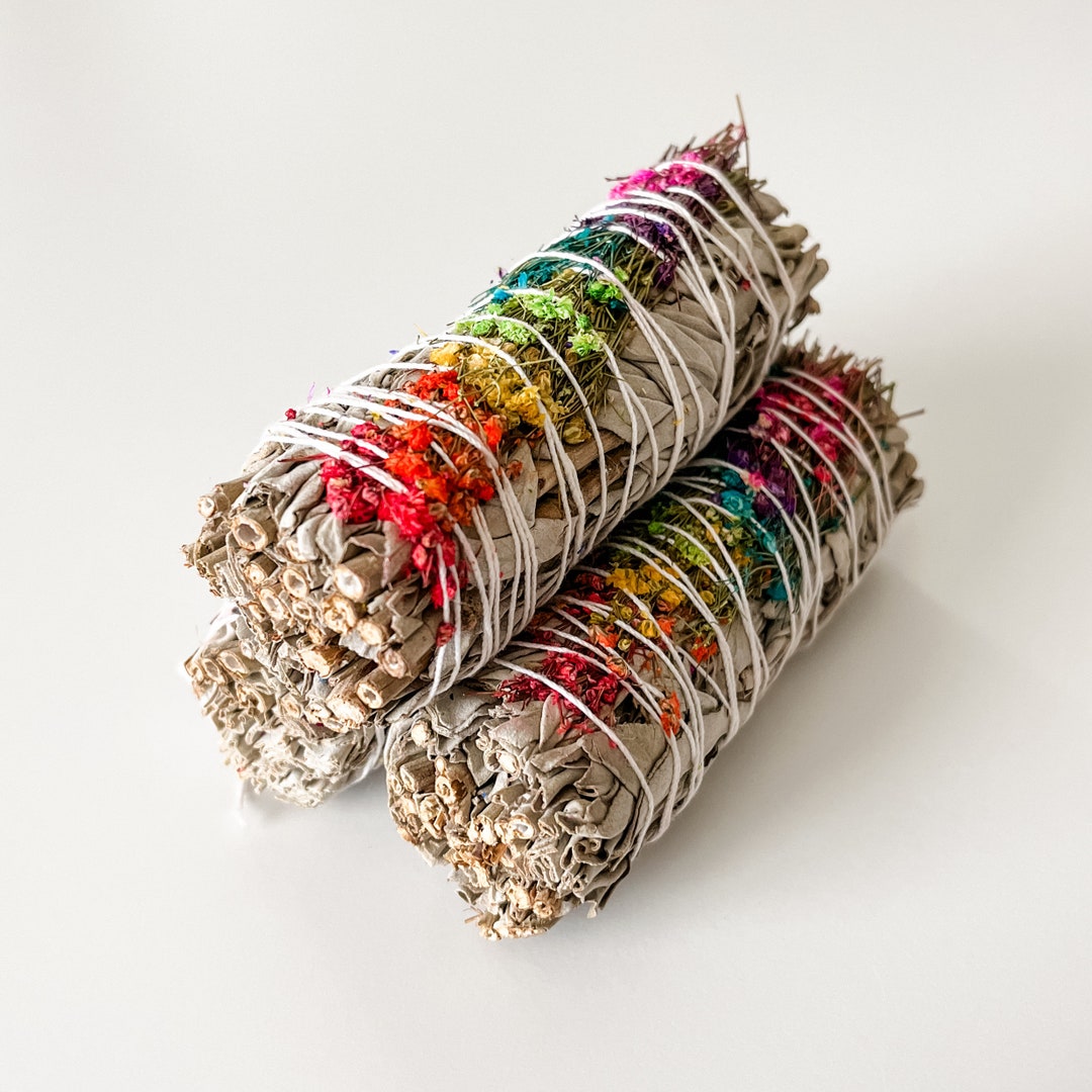 One Energy Wheel Rainbow Floral White Sage 4" Smudge Sticks - for ...