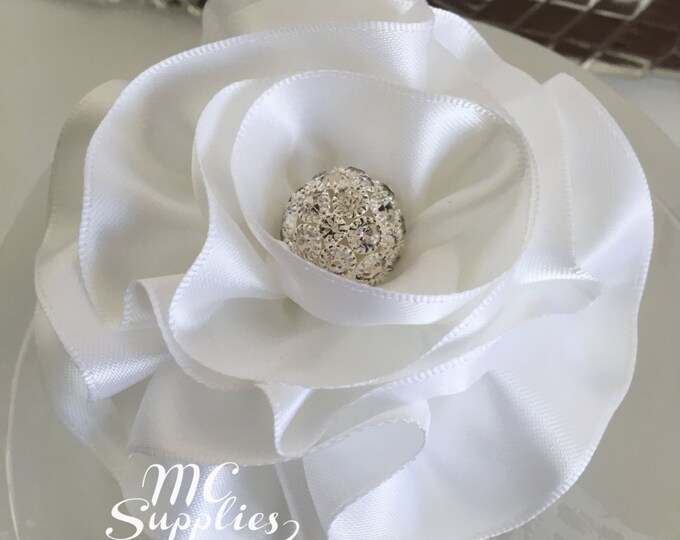 White Ribbon Flower Applique,satin Ribbon Flower,baby Headband Flower ...