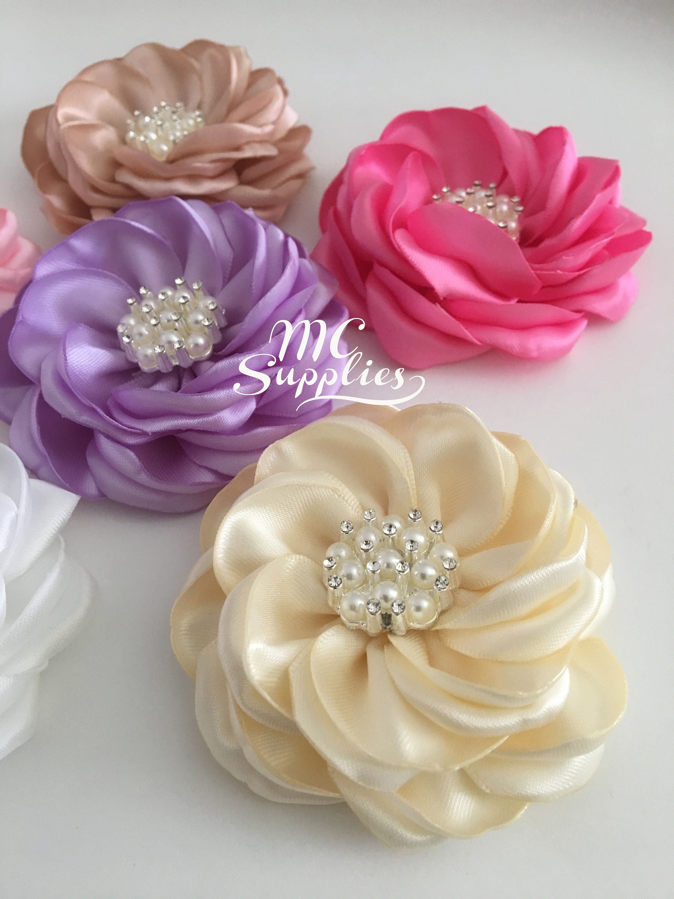 Pink ribbon flowers appliquesatin flower appliqueheadband | Etsy