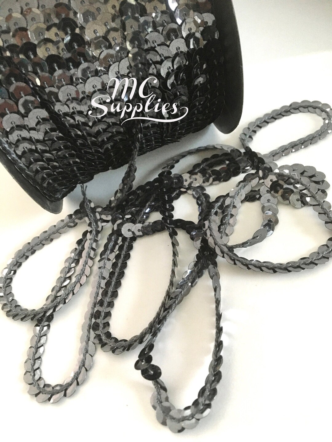 3 Yds,sequin Chain,sequin Trim,pewter Sequins,faceted Sequin Trim,round ...