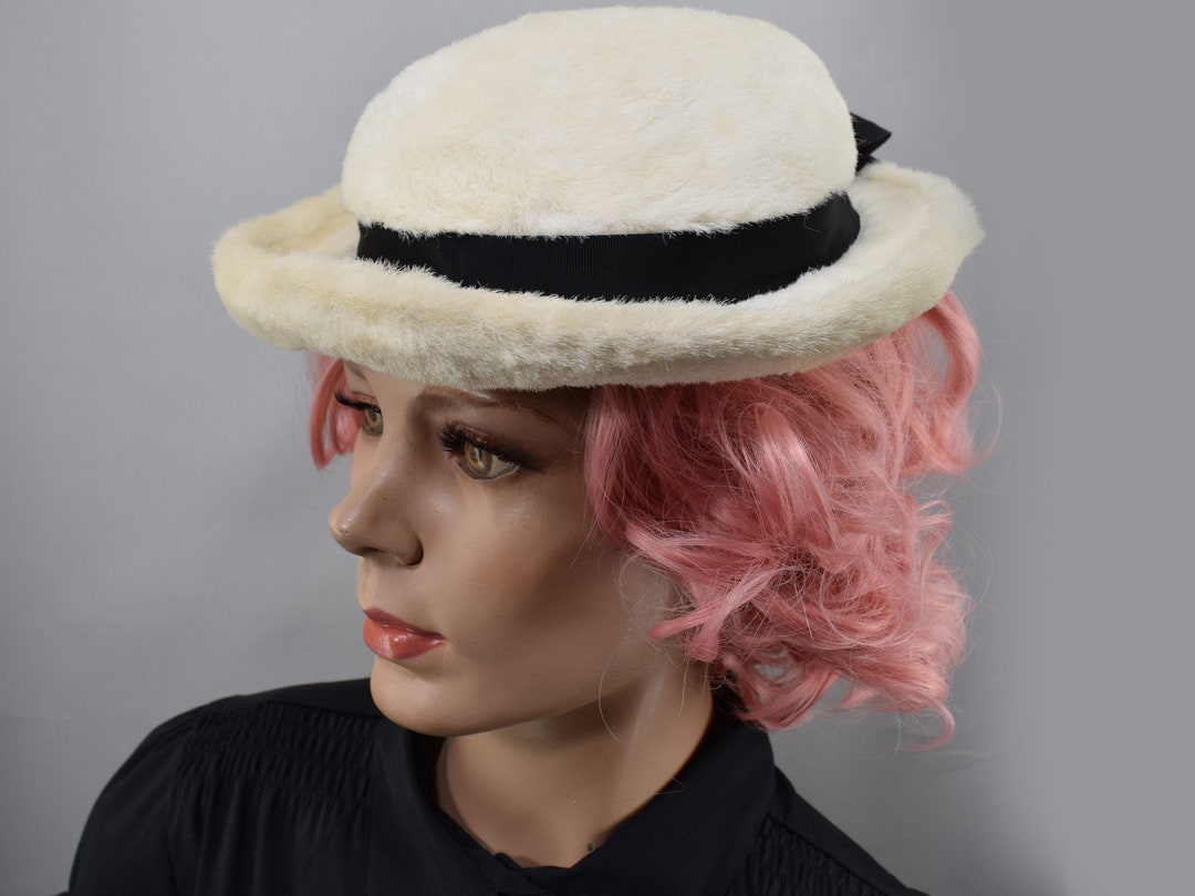 Cream Fuzzy Vintage 50s Tilt Hat Wide Brim Faux Fur - Etsy