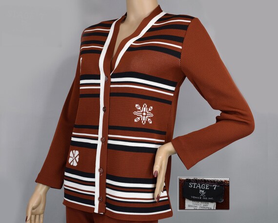 Rust Brown Vintage 70s Cardigan & Pants Knit Pantsuit - Gem