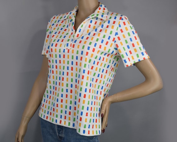 Rainbow Squiggle Dot Vintage 70s Blouse Knit Top S M - Gem
