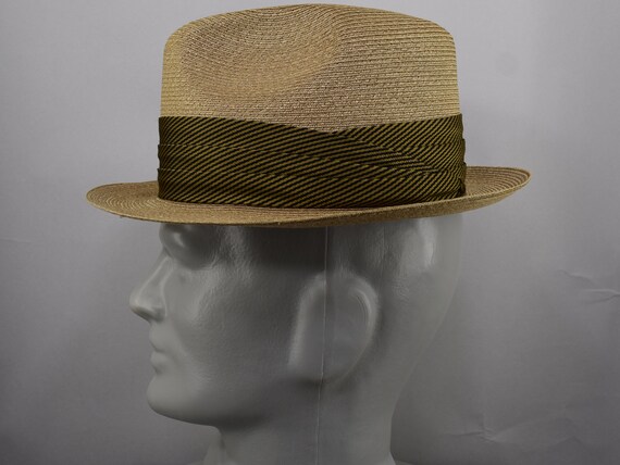 Vintage 50s Tan Woven Straw Fedora Hat by Dobbs size 7 - Gem