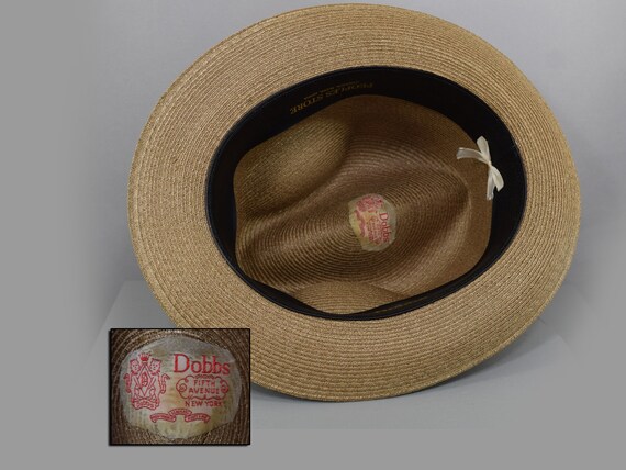 Vintage 50s Tan Woven Straw Fedora Hat by Dobbs size 7 - Gem