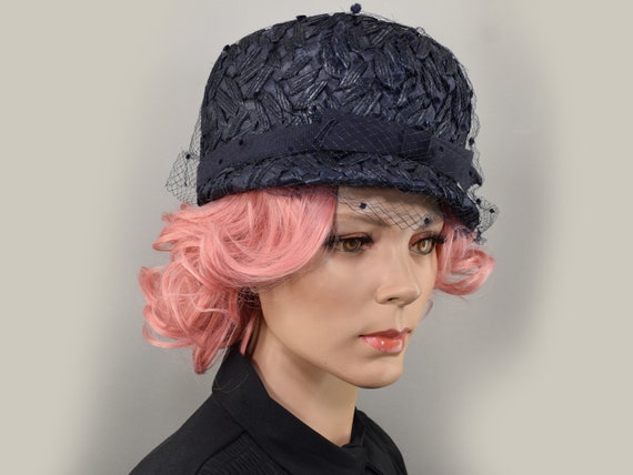 Navy Blue Straw Vintage 60s Cloche Style Top Hat With… Gem