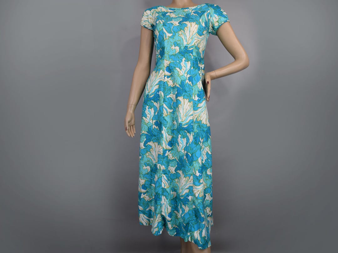 Aqua Blue Floral Hawaiian Vintage 70s Maxi Dress With Watteau Back XS S ...